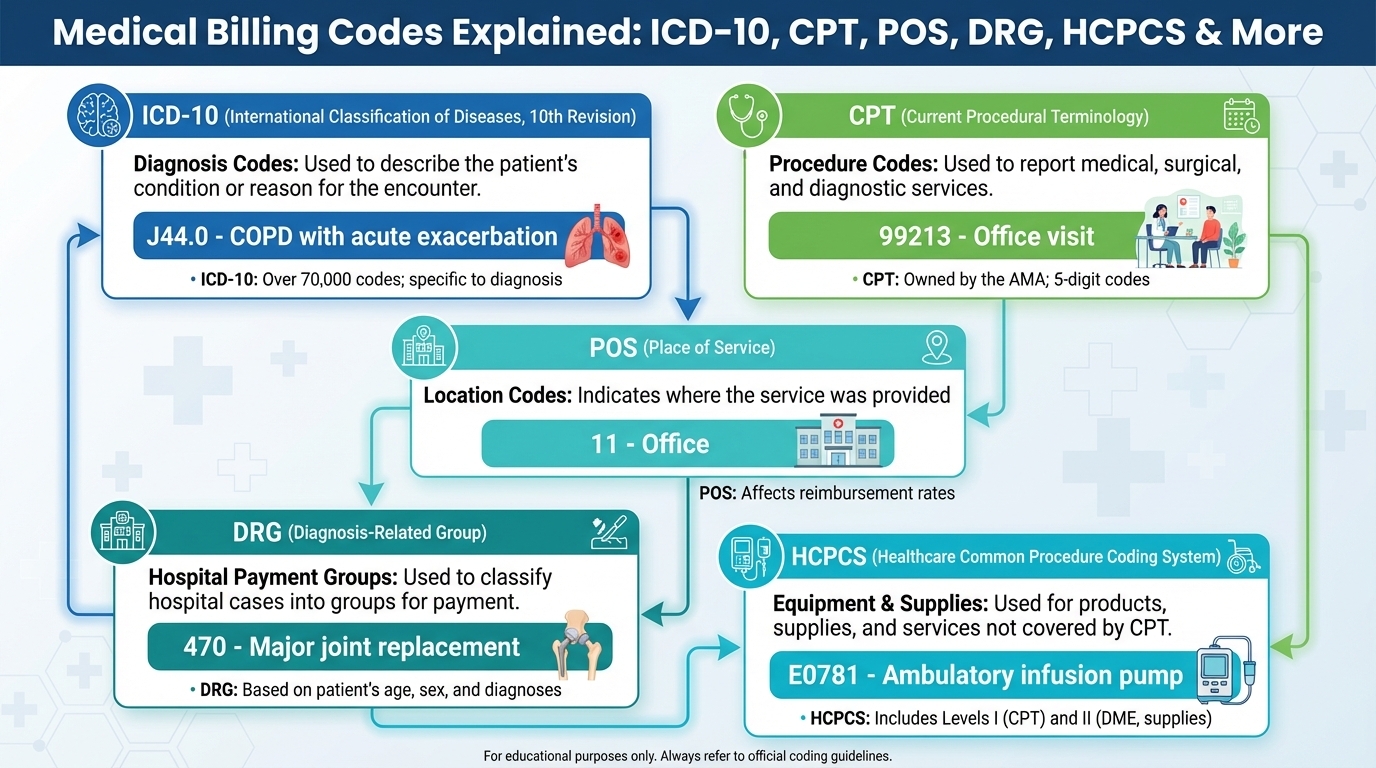 Medical Billing Codes Explained: ICD-10, CPT, POS, DRG, HCPCS & More